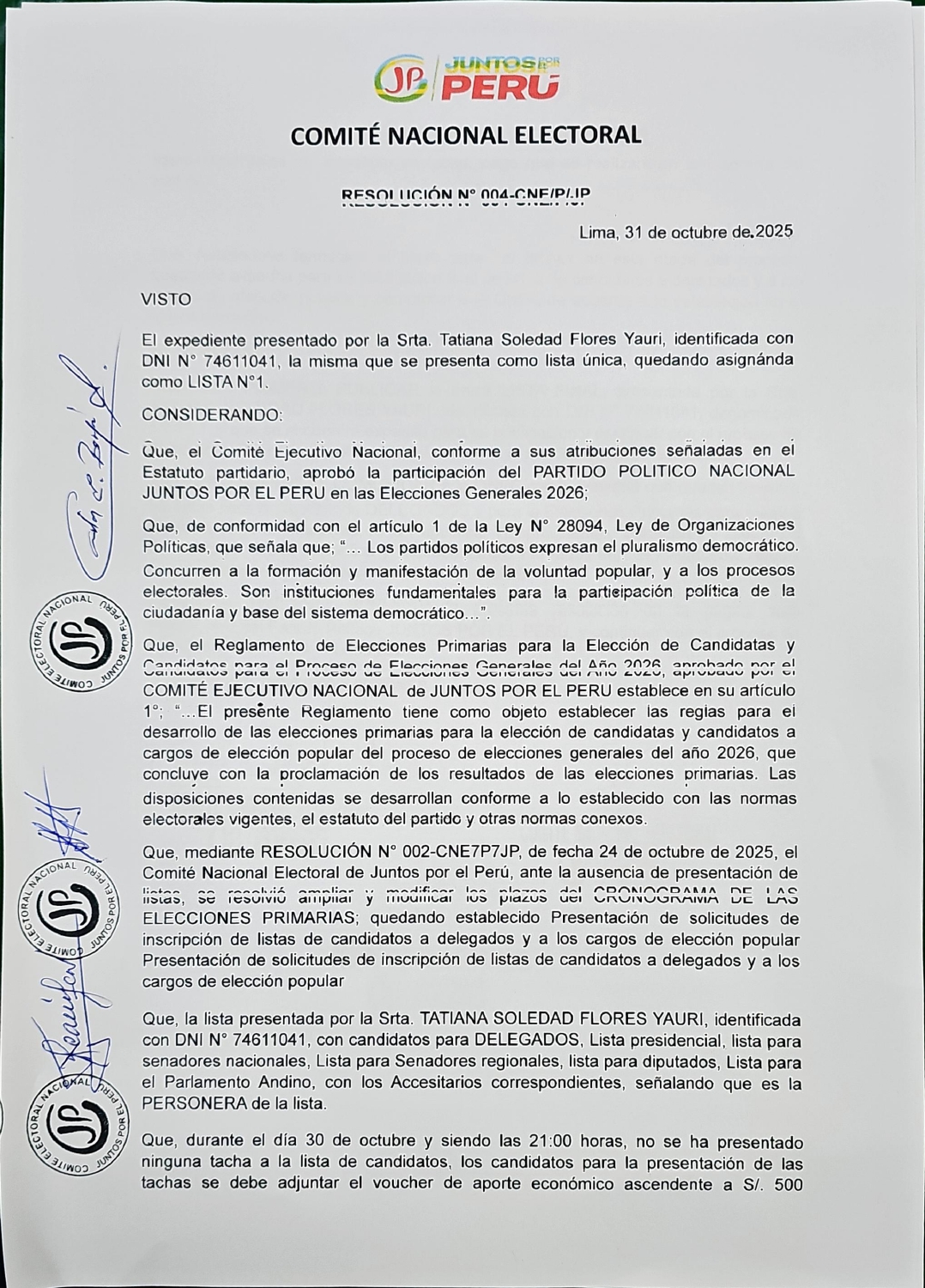 Resolución 004-2025-CNE/JP – Juntos por el Perú